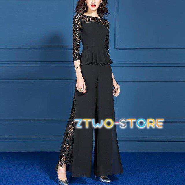 レディース お呼ばれ パンツドレス セットアップ 韓国デザイン パーティードレス 結婚式 袖付き ペプラムトップス 黒 大きいサイズ 3L 4L 上品