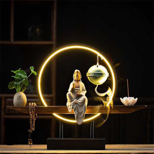 5タイプ展開　観音像 観世音菩薩 観自在菩薩 仏像 観音菩薩 LEDライト　台座　倒流香 香炉 お香ホルダー 流川香 香炉用品 セラミック  開運 風水 ドラゴンボール お香立て   インテリア 置物 香り 仏具 煙逆流  瞑想 幻想 プレゼント 贈り物  USB充電ナイトライト間接照明