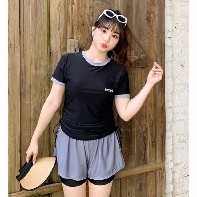 水着レディース 体型カバー 大きいサイズ 3L 4L 5L 6L フィットネス水着 女性 セパレート ラッシュガード Tシャツ 半袖 2点セット ロゴ