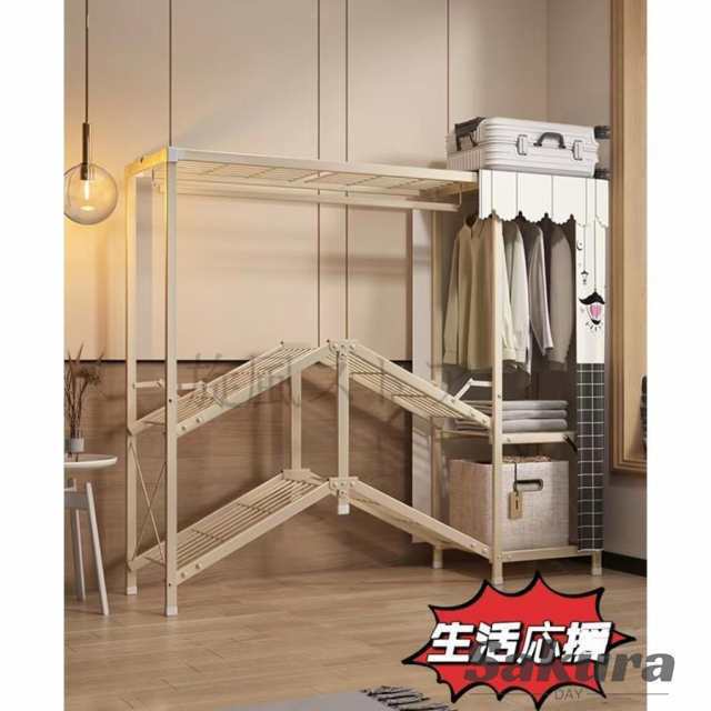 クローゼット ハンガーラック 衣服収納 棚付き 幅と高さを調整できる伸縮タイプ ワードローブ 突っ張り固定 押し入れ シンプル折りたたみ式