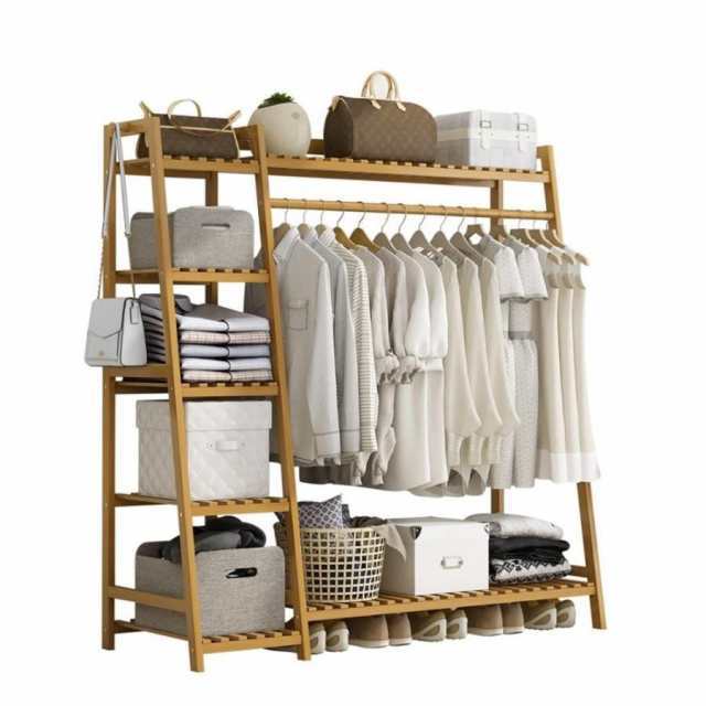 ハンガーラック 天然竹製 ワードローブ クローゼットポールハンガー 強力な耐荷重能力 おしゃれ 洋服掛け スタンド 押入れ収納 シングル衣類収納 頑丈 大容量
