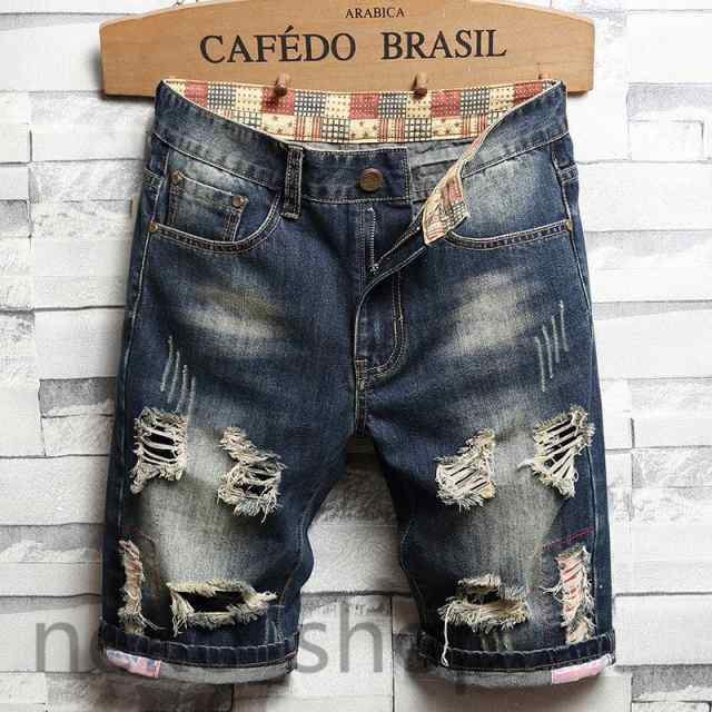 個性 ダメージ加工 デニムジーンズ ショートパンツ ハーフパンツ メンズ 膝丈 デニムパンツ ストレッチ 短パン 半ズボン スリム 細身 ボトムス 春夏新作