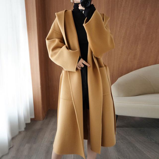 ウールコート 【ウール100%】 レディース フード付き ロングコート ガウンコート ロング丈 冬 上品 防寒 ゆったり ベルト付き 秋 長袖 サイドポケット 大人 おしゃれ 春 きれいめ 【ウール100%】 OL 無地 暖かい ウールコート 【ウール100%】 レディース フード付き ロングコート