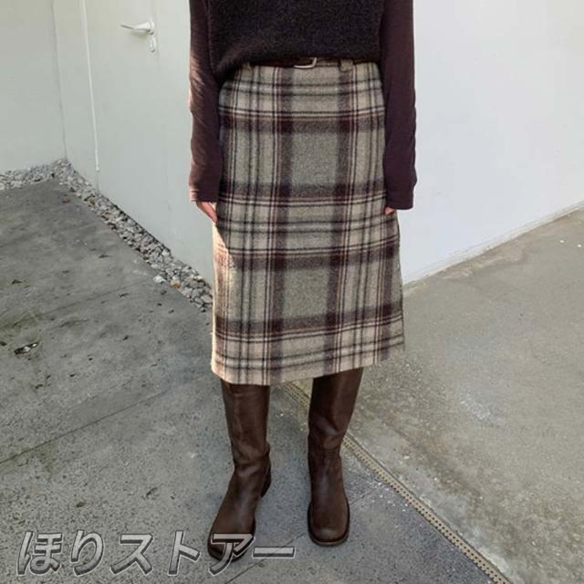 ウール きれいめ ストレートスカート スリット入り ウール チェック