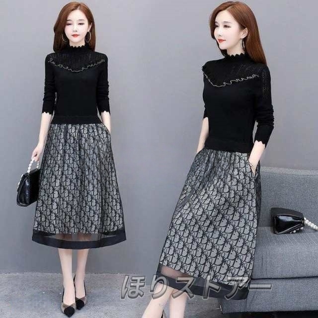 ワンピース レディース 40代 秋冬 長袖 きれいめ 上品 ニットワンピース ロング丈 セーター マキシ 大きいサイズ パーティードレス 韓国風 おしゃれ 通勤 着痩せ