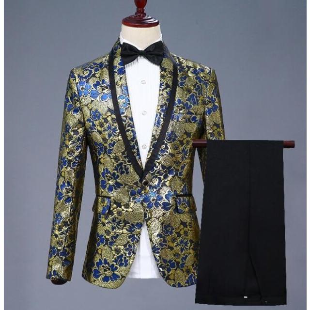 演出服 メンズ 花柄 セットアップ スーツ フォーマル キラキラ ステージ衣装 ヒップホップ ダンスウェア 歌手 司会 上下セット コスプレ 舞台衣装