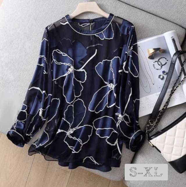 きれいめレディースファッション 春 夏 秋 S M L XL シアーシフォンシャツ 大人な透け感 トップス シャツ×インナー ブラウス インナー 長袖 薄手 Vネック シアー 花柄 総柄 アニマルプリ