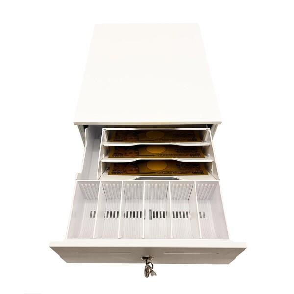 NUSRATS 手動式 キャッシュドロア 小型 紙幣3種・硬貨6種 仕切板取外し可能 キャッシュドロアー ホワイト