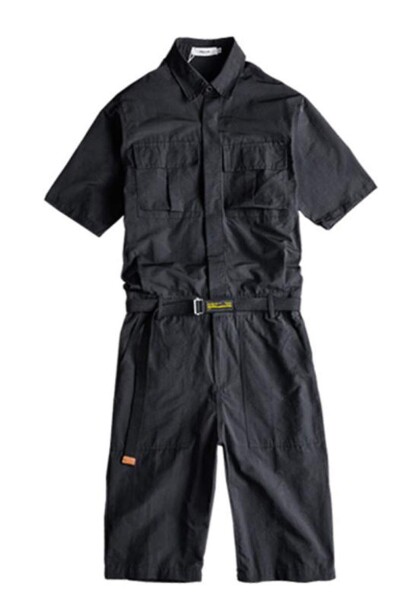 BeiBang(バイバン)オールインワン メンズ 作業着 つなぎ 半袖 オーバーオール ショートパンツ ゆったり 短パン 無地 おしゃれ 繋ぎ カジュアル カバーオール 夏(12黒)