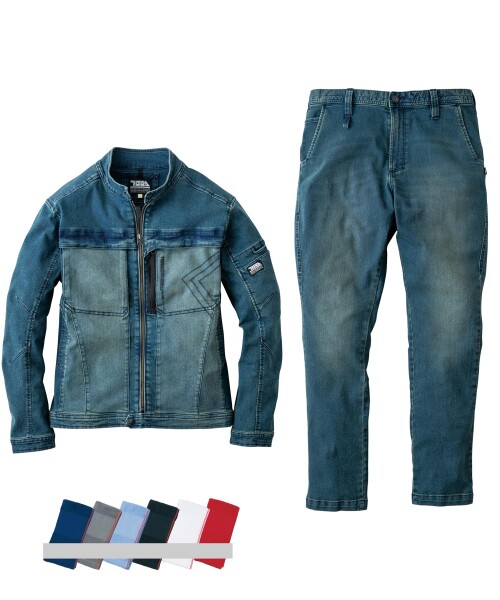 (寅壱) デニム 上下セット 作業服 作業着 8890-124 ワークジャケット ＆ 8890-720 ジョッパーズ タオル(ネームロゴ入り) 1本付(Ｓ 04.コン)