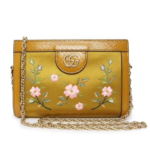 （新品・未使用品）グッチ GUCCI オフィディア フローラル チェーンバッグ ショルダーバッグ 斜め掛け サテン パイソン レザー ゴールド イエロー 602676 箱付