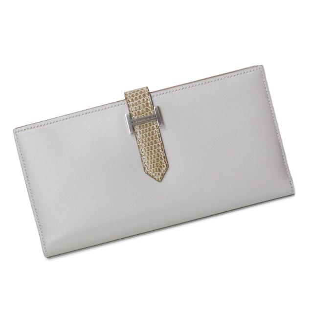（未使用　展示品）エルメス HERMES ベアン スフレ タッチ 二つ折り長財布 ヴォータデラクト リザード エキゾチック レザー グリペルル フィセル グレー A刻印 箱付