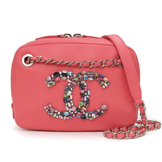 （新品・未使用品）シャネル CHANEL ココマーク ビジュー クリスタル カメラ ケース 2way チェーン ショルダーバッグ 斜め掛け ラムスキン レザー ピンク AS2305