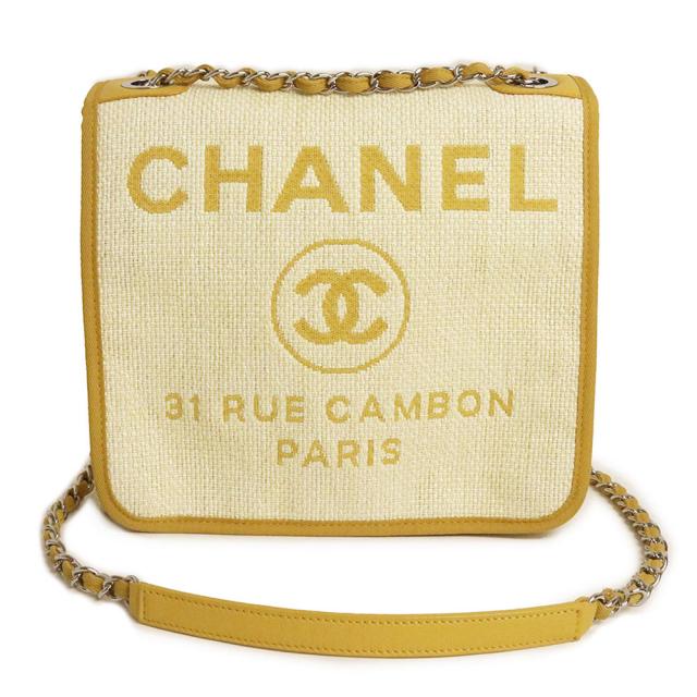 （未使用　展示品）シャネル CHANEL ドーヴィル Wチェーン ショルダーバッグ 斜め掛け ラフィア イエロー 黄 シルバー金具 A93183