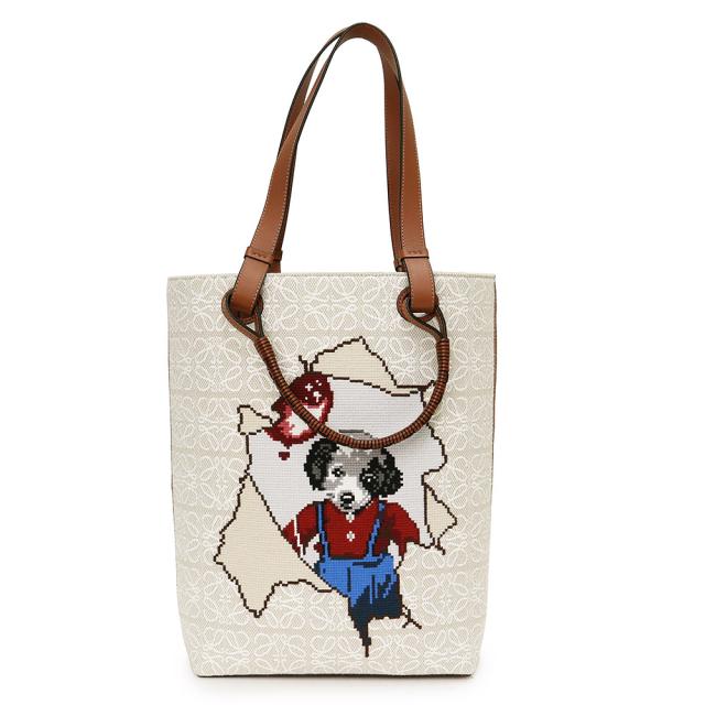 （新品・未使用品）ロエベ LOEWE アナグラム パピー ジョー ブレイナード コラボ トートバッグ ダブルハンドル カーフスキン レザー キャンバス ベージュ マルチカラー B711C34X01