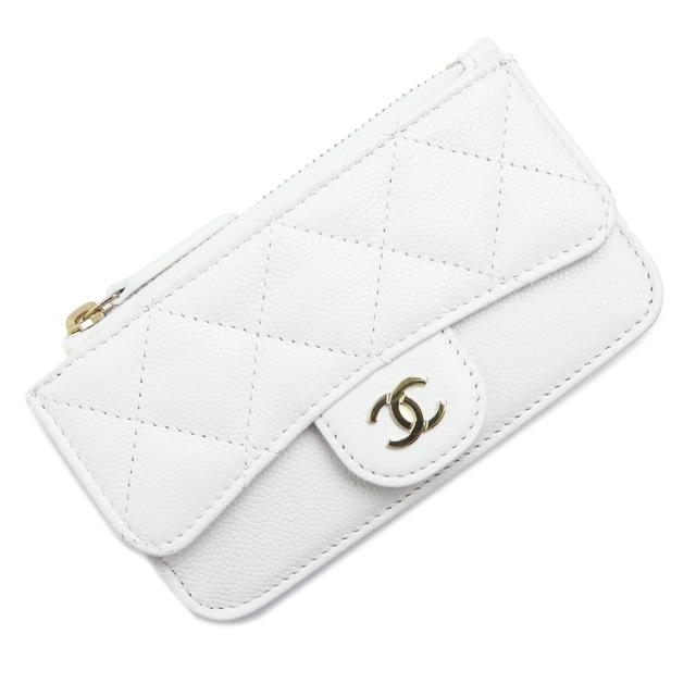 （未使用　展示品）シャネル CHANEL ココマーク マトラッセ クラシック ジップ ケース カードケース 小銭入れ 財布 名刺入れ 定期入れ キャビアスキン レザー ホワイト 白 ゴールド金具 AP2570 箱付