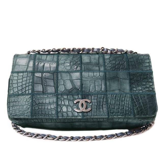 （中古）シャネル CHANEL フルフラップ スクエアステッチ チェーン ショルダーバッグ 2WAY アリゲーター エキゾチックレザー ダークブルー 青 シルバー金具 A31800