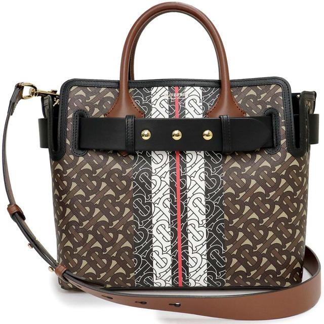 （新品・未使用品）バーバリー BURBERRY スモール モノグラム ストライプ ベルト ショルダー ハンドバッグ 2WAY 斜め掛け レザー Eキャンバス BRIDLE BROWN ブライドルブラウン 茶 ゴールド金具 8019351 箱付