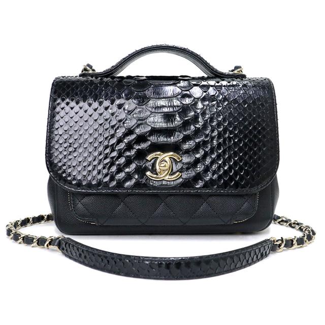 （美品）シャネル CHANEL ビジネスアフィニティ スモール チェーン マトラッセ ココマーク 2way ショルダー ハンドバッグ 斜め掛け キャビアスキン パイソン エキゾチックレザー ブラック 黒 ゴールド金具 A93607