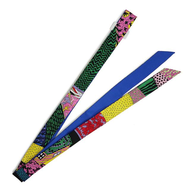 （新品・未使用品）エルメス HERMES ツイロン ツイリー A Travers Champs 田園を通り抜けて ロング スカーフ シルク100％ ローズヴィフ ジョーヌ ブルークライン マルチカラー 青 箱付