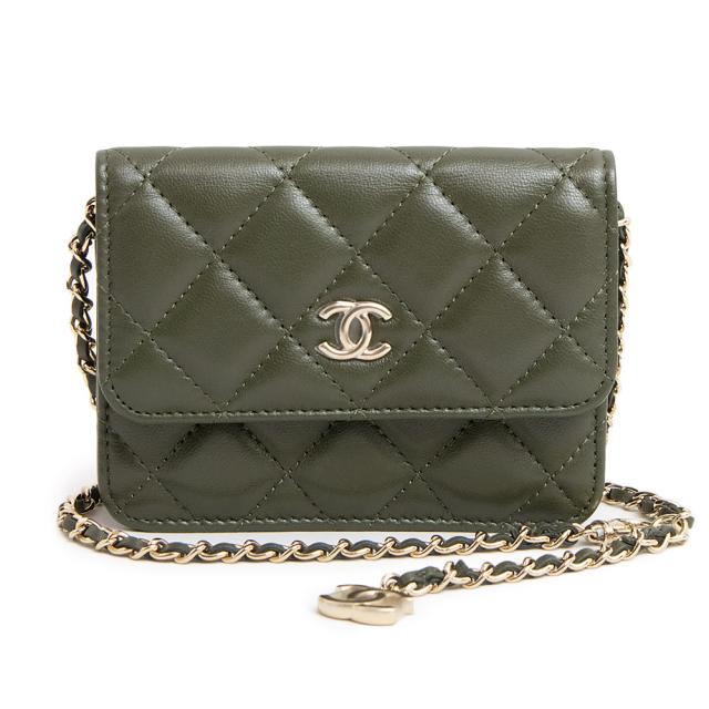（新品・未使用品）シャネル CHANEL CC ココマーク マトラッセ ミニ チェーン ショルダー ポーチ ポシェット ベルトバッグ ラムスキン レザー カーキ グリーン 緑 ライトゴールド金具 箱付