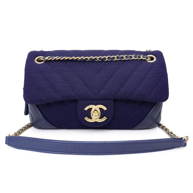 （未使用保管品）シャネル CHANEL Vステッチ シェブロン Ｗチェーン 2way ショルダー ハンドバッグ 斜め掛け コットンジャージ ネイビー 紺 アンティークゴールド金具 箱付