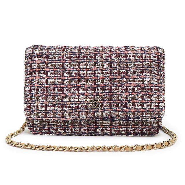 （新品・未使用品）シャネル CHANEL マトラッセ クラシック ココマーク チェーンウォレット 長財布 斜め掛け レザー コットンツイード ピンク ベージュ シャンパンゴールド金具 AP0250 箱付