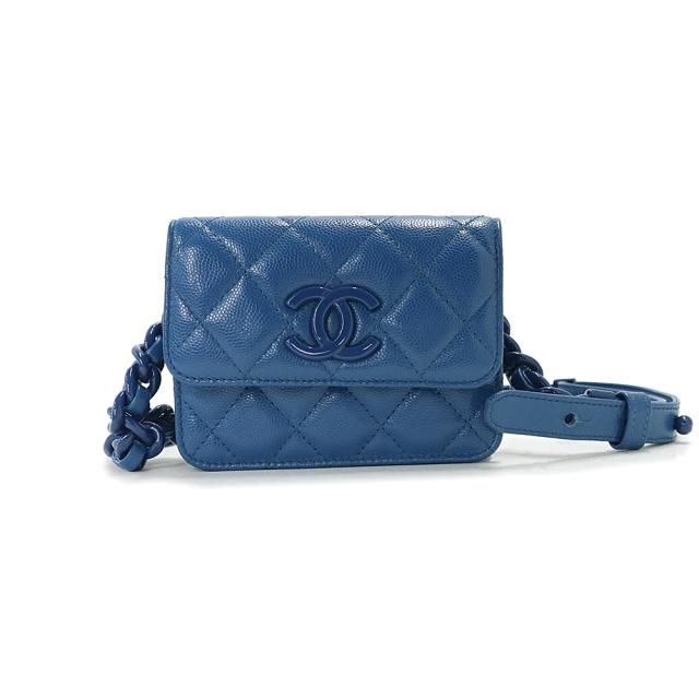 （未使用　展示品）シャネル CHANEL CC ココマーク マトラッセ ポーチ ポシェット ベルトバッグ キャビアスキン レザー ブルー 青 ブルー金具