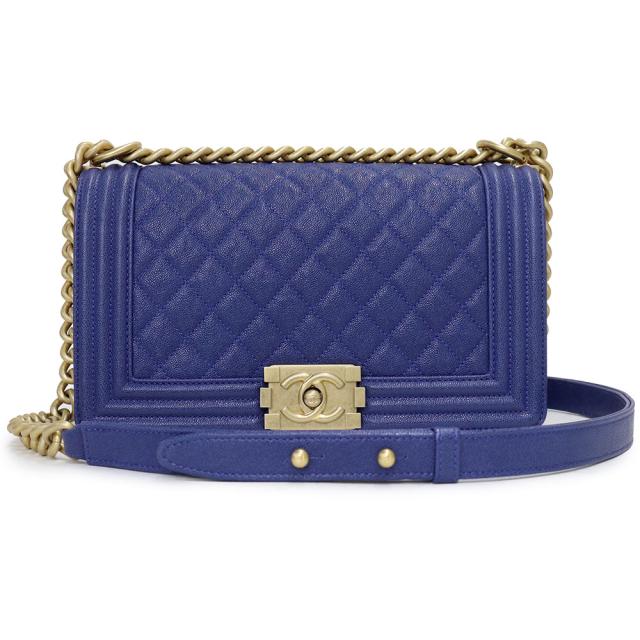 （未使用保管品）シャネル CHANEL ボーイシャネル マトラッセ ショルダーバッグ 斜め掛け キャビアスキン レザー ブルー 青 アンティークゴールド金具 A67086