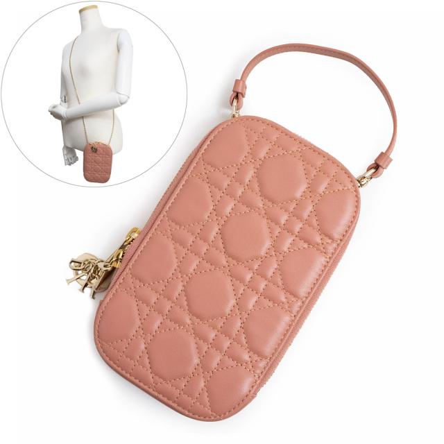 （未使用　展示品）クリスチャンディオール Christian Dior レディ ディオール Callin Dior フォンホルダー スマホ 携帯ケース チェーン ショルダーバッグ 斜め掛け カナージュラムスキン レザー イーサリアル ピンク ゴールド金具 S0872ONMJ 箱付