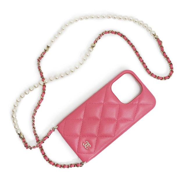 （新品・未使用品）シャネル CHANEL マトラッセ パール チェーン ショルダー 携帯 スマホ スマートフォンケース iPhone 14 Pro 斜め掛け ラムスキン レザー ピンク ゴールド金具 AP3556 箱付