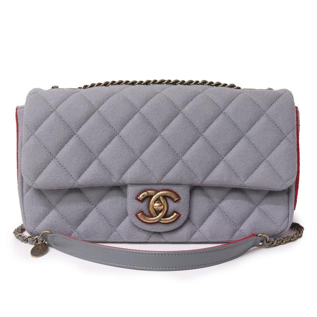 （未使用保管品）シャネル CHANEL メダリオン マトラッセ シングル フラップ Wチェーン 2WAY 斜め掛け ショルダーバッグ フェルト ラムスキン レザー グレー レッド 赤 ヴィンテージゴールド金具 A92968