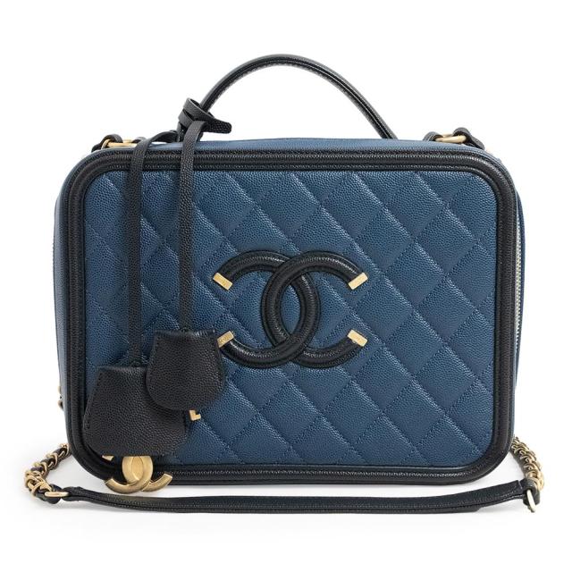 （未使用　展示品）シャネル CHANEL マトラッセ CCフィリグリー ラージ バニティ ケース ココマーク 斜め掛け 2WAY ショルダー ハンドバッグ キャビアスキン レザー ネイビー ブラック 紺 黒 アンティークゴールド金具 A93344