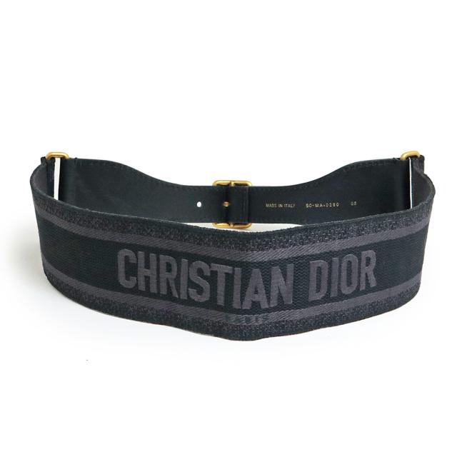 （美品）クリスチャンディオール Christian Dior PARIS エンブロイダリー マキシ ウエスト ベルト #85 65MM カーフスキン レザー キャンバス ブラック 黒 アンティークゴールド金具
