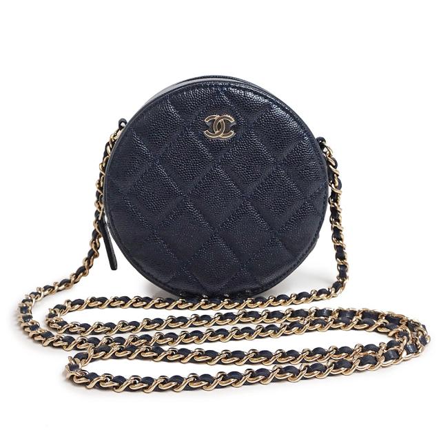 （未使用　展示品）シャネル CHANEL マトラッセ 丸型 ラウンド ミニポシェット チェーン ショルダーバッグ 斜め掛け キャビアスキン レザー ネイビー 紺 ゴールド金具 AP0245 箱付