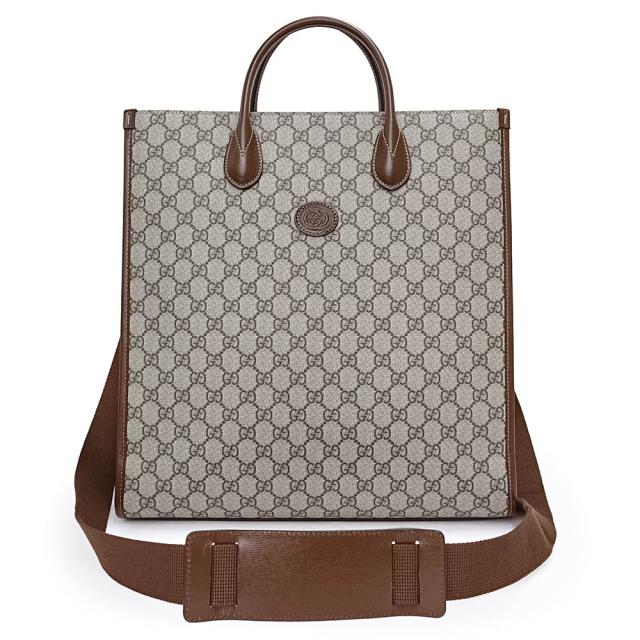 （未使用　展示品）グッチ GUCCI インターロッキングG ミディアム トート 2way ハンドバッグ 斜め掛け GGスプリームキャンバス レザー エボニー ブラウン ベージュ 茶 ゴールド金具 674155