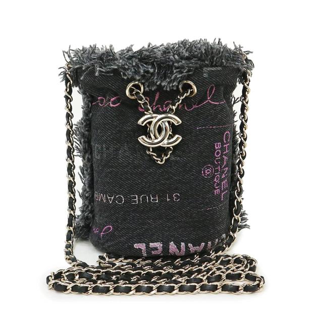 （未使用　展示品）シャネル CHANEL ミニ バケット ポシェット チェーン ショルダーバッグ 斜め掛け デニム ブラック 黒 ゴールド金具 AP2603 箱付