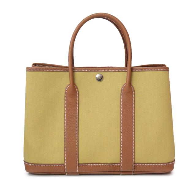 （新品・未使用品）エルメス HERMES ガーデンパーティ TPM 30 ハンドバッグ トワルミリタリー キャンバス ネゴンダ レザー ジンジャー ゴールド マスタード ブラウン 黄 茶 シルバー金具 B刻印 箱付