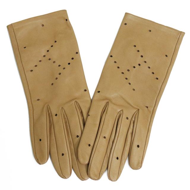 （中古）エルメス HERMES H パンチング 手袋 グローブ ラムスキン レザー ＃7 ライトブラウン 茶 箱付