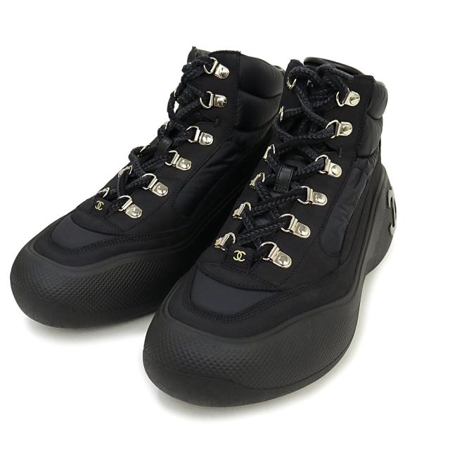 （新品・未使用品）シャネル CHANEL ココマーク 厚底 ハイカット スニーカー 靴 #40 26cm ナイロン レザー ブラック 黒 ゴールド金具 G45337