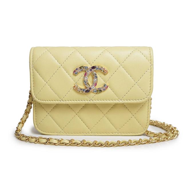 （新品・未使用品）シャネル CHANEL ラインストーン ココマーク マトラッセ チェーン クラッチ ミニ ショルダーバッグ 斜め掛け ラムスキン レザー イエロー 黄色 ゴールド金具 AP1942