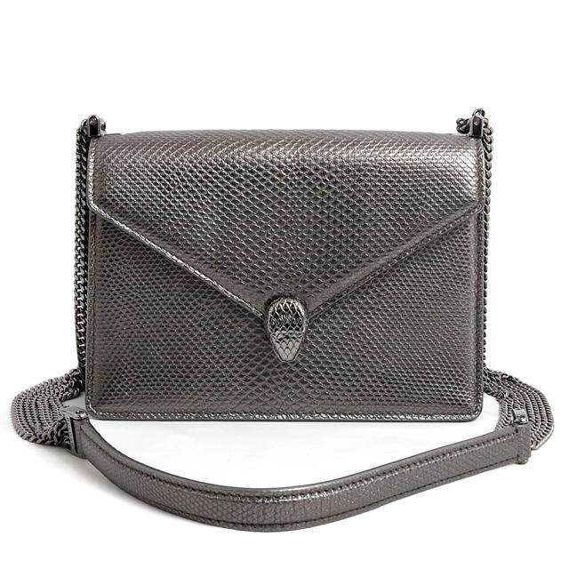 （未使用　展示品）ブルガリ BVLGARI セルペンティ チェーン ショルダーバッグ 斜め掛け モルテンカルング レザー チャコールダイヤモンド グレー ガンメタル金具 290543