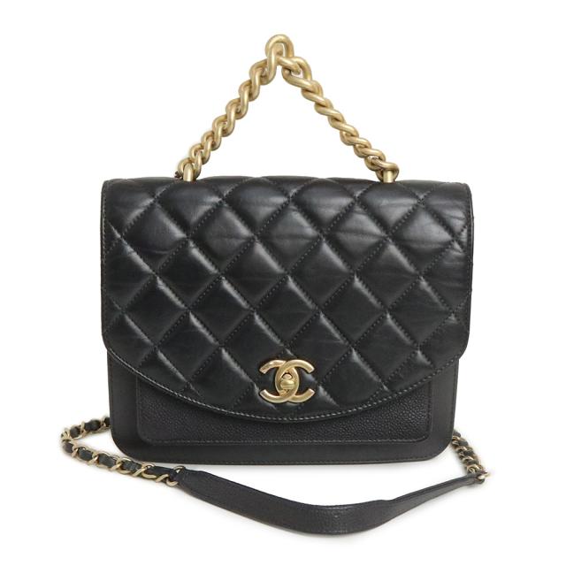 （中古）シャネル CHANEL トリコマテリアル シングルフラップ マトラッセ ココマーク チェーン 2WAY ショルダー ハンドバッグ 斜め掛け キャビアスキン カーフスキン レザー ブラック ダークグレー 黒 ゴールド金具 AS0785
