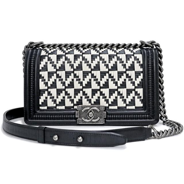 （中古）シャネル CHANEL ボーイシャネル チェーン ショルダーバッグ 斜め掛け レザー 編み込み バイカラー ブラック ホワイト 黒 白 シルバー金具 A67086