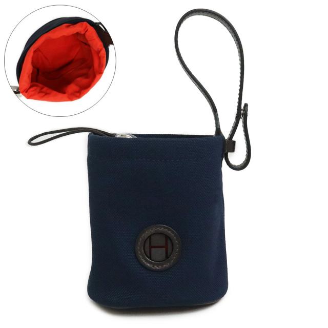 （新品・未使用品）エルメス HERMES ドッグ 犬用 トリーツ ポーチ キャンバス レザー ネイビー オレンジ ブラウン 紺 茶 シルバー金具 B刻印 箱付