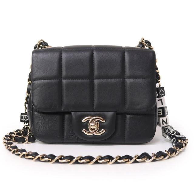 （未使用　展示品）シャネル CHANEL チョコバー ミニ フラップ ココマーク ハートロゴ キューブ チェーン 斜め掛け ショルダーバッグ ラムスキン レザー レジン ブラック 黒 ゴールド金具 AS3744