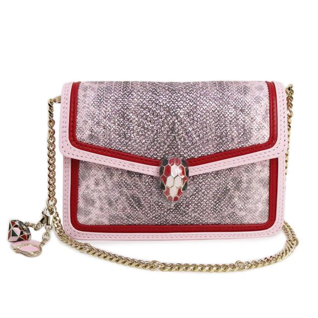 （新品・未使用品）ブルガリ BVLGARI セルペンティ バレンタインアクセサリーコレクション チェーン ショルダーバッグ 斜め掛け カーフスキン エキゾチックレザー メタリックカルング ピンク レッド 赤 ゴールド金具 289549 箱付