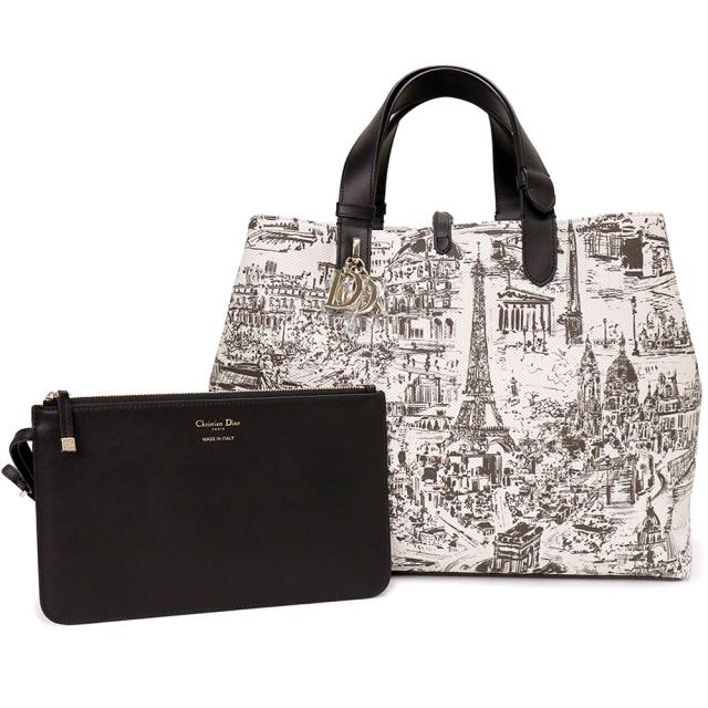 （新品 未使用品）クリスチャンディオール Christian Dior Toujours トゥジュール ラージ 2way ショルダー ハンドバッグ キャンバス レザー ホワイト ブラック 白 黒 シルバー金具 M2820OZBT