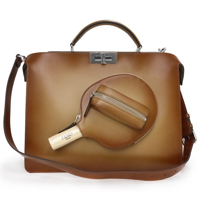 （未使用　展示品）フェンディ FENDI ピーカブー ISeeU アイシーユー ミディアム 2way ショルダー ハンドバッグ 斜め掛け 卓球 ラケット カーフスキン レザー ブラウン 茶 シルバー金具 7VA551
