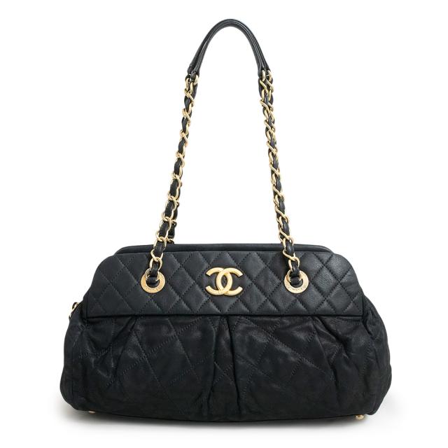 （中古）シャネル CHANEL ココマーク マトラッセ チェーン ショルダーバッグ スパークルレザー メタリック ブラック 黒 アンティークゴールド金具 A50475